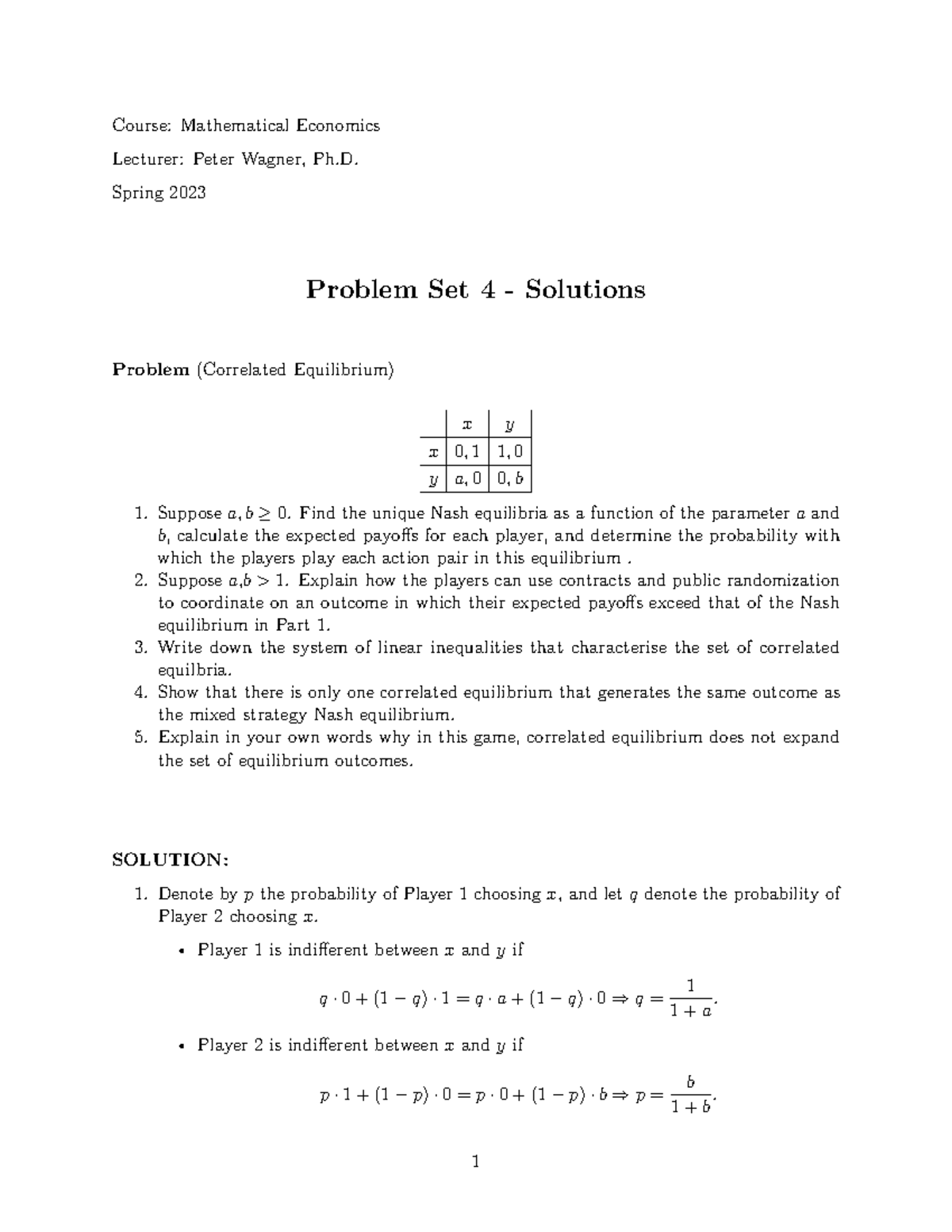 PS4-sol - Mathematical Economics Problem Set 4 - Solved - Course ...