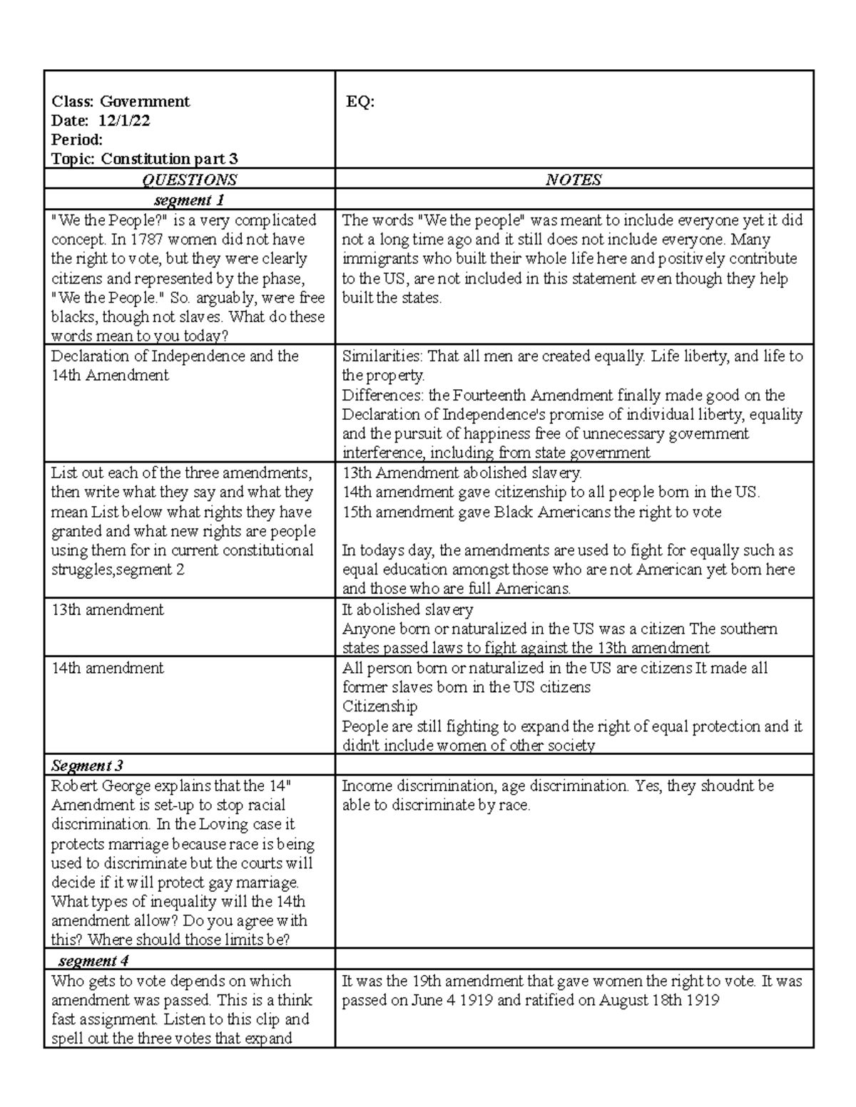 Cornell Notes - class questions in book - Class: Government Date: 12/1 ...