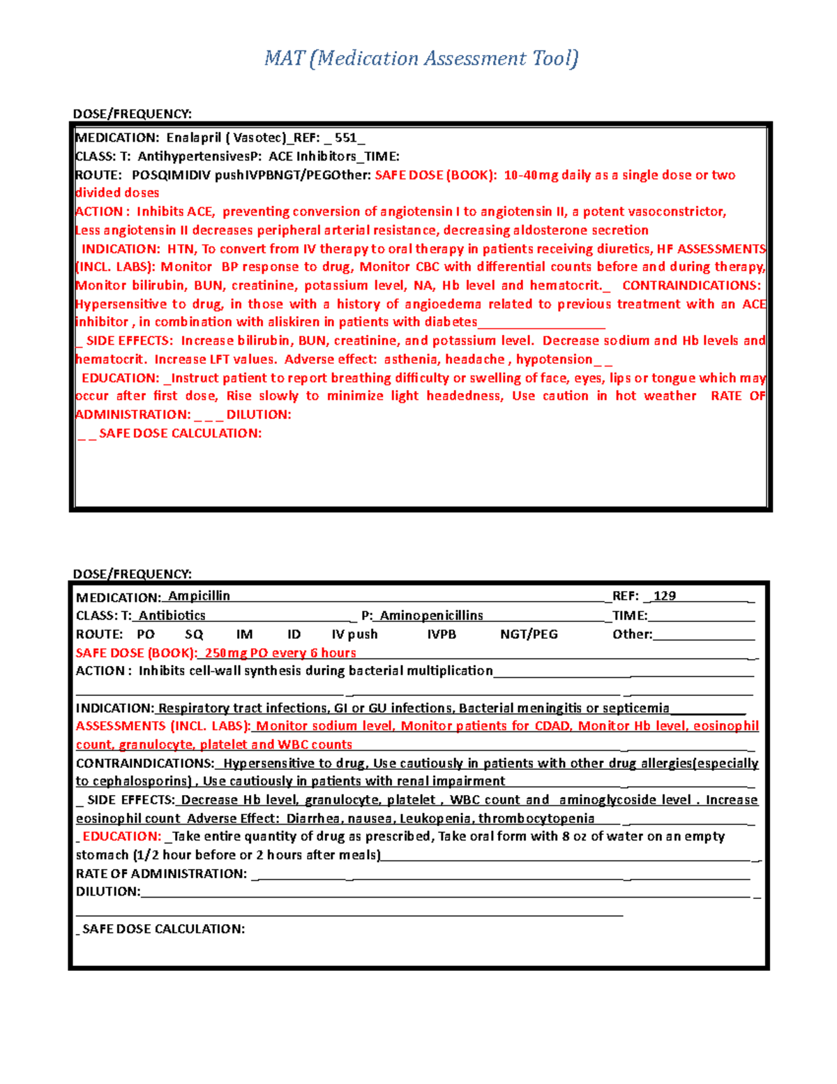 MAT 2019 (3) Vasotech - MAT (Medication Assessment Tool) DOSE/FREQUENCY ...