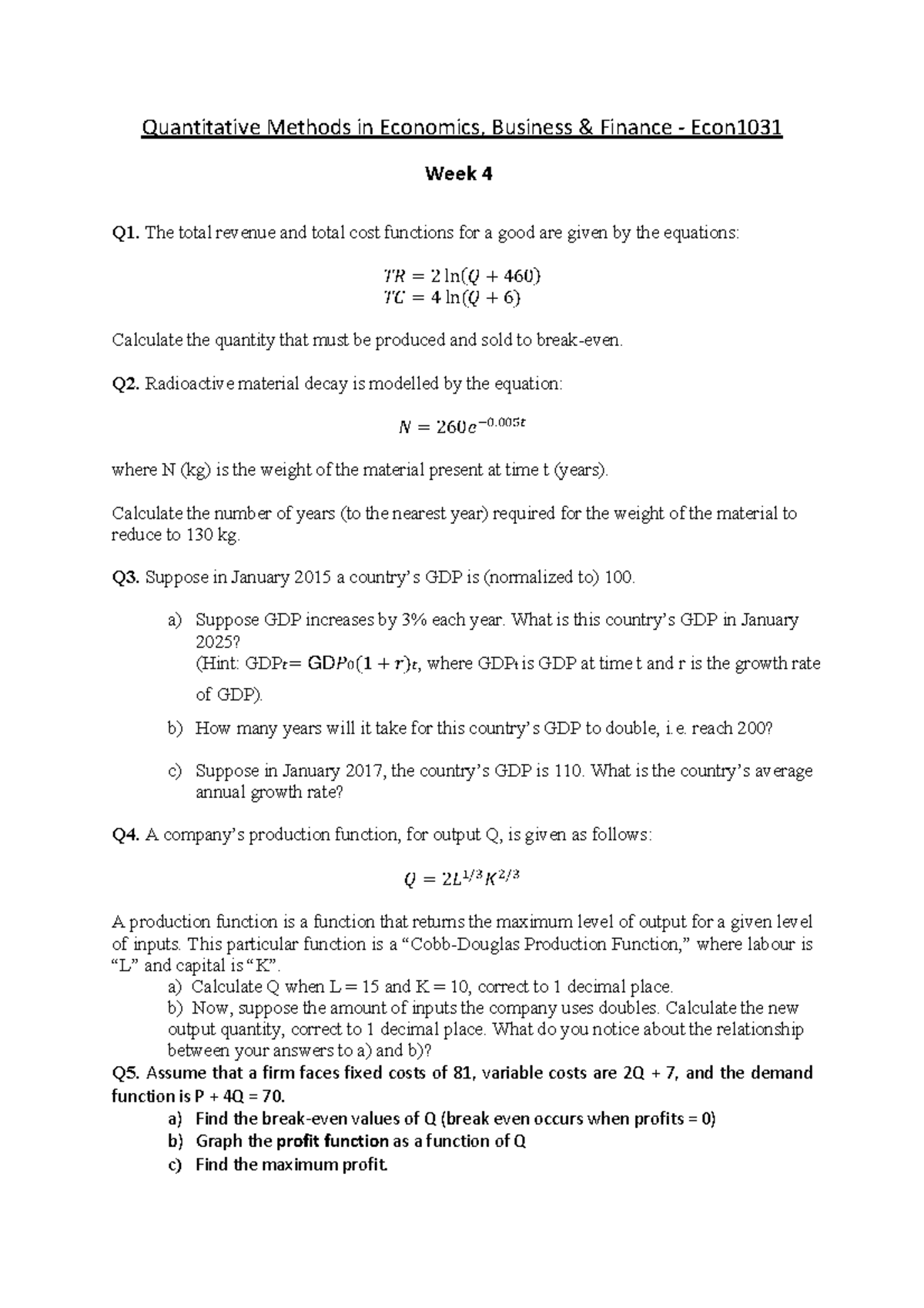 Week 4 - Tutorial Questions - Quantitative Methods in Economics ...