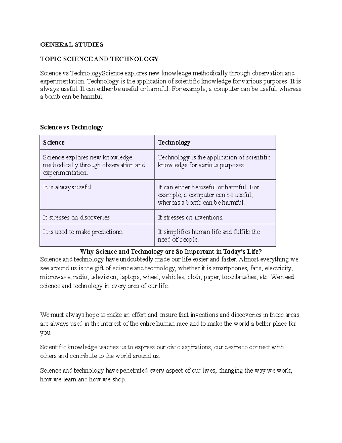 General Studies Topic Science AND Technology - GENERAL STUDIES TOPIC ...