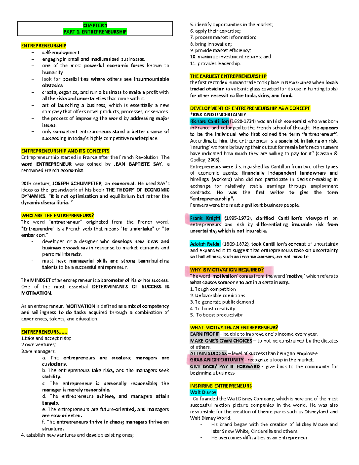 Reviewer- Entrep - CHAPTER 1 PART 1. ENTREPRENEURSHIP ENTREPRENEURSHIP ...