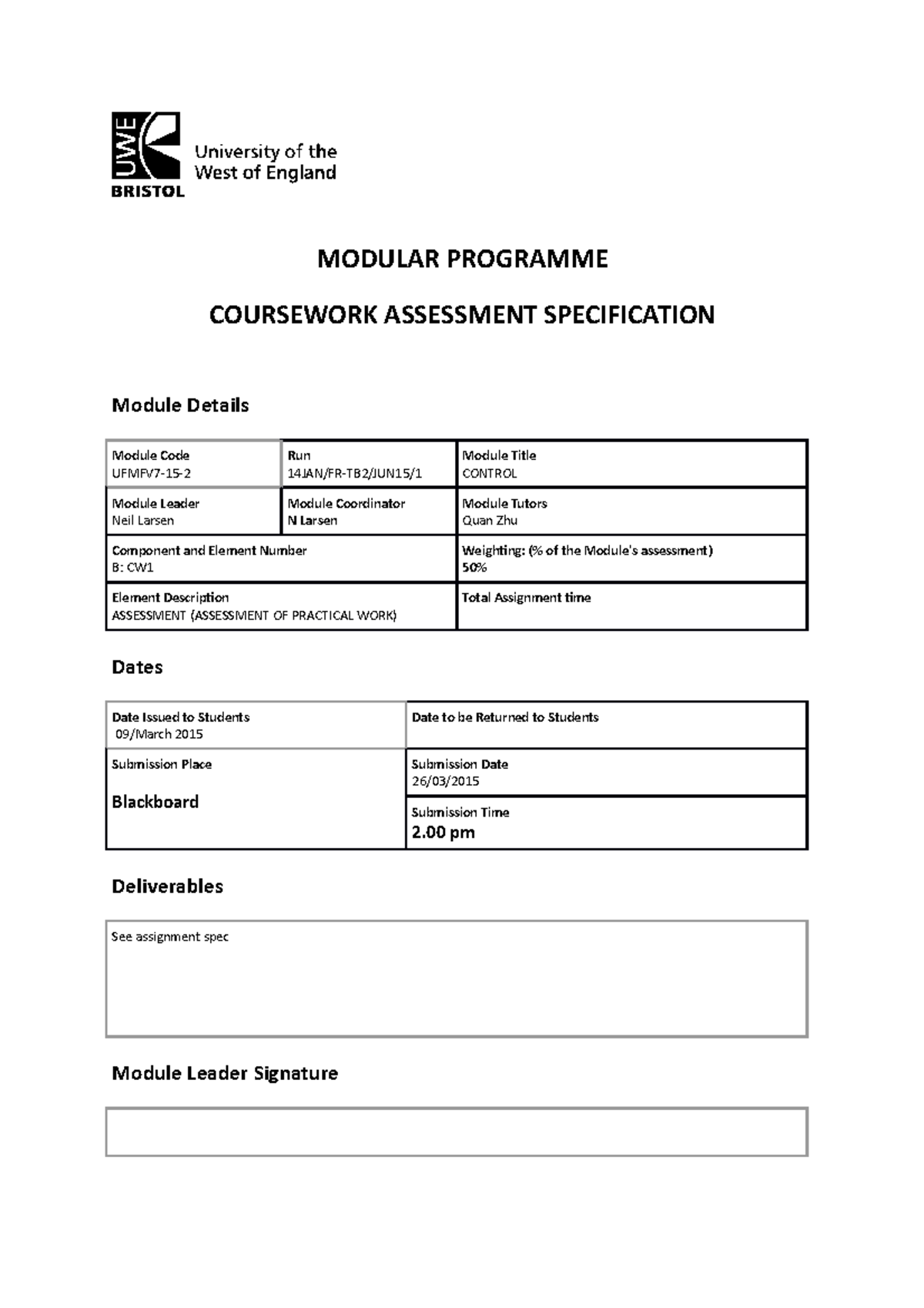 Control Assignment Specification - MODULAR PROGRAMME COURSEWORK ASSESSMELT SPECIFICATIOL Module ...