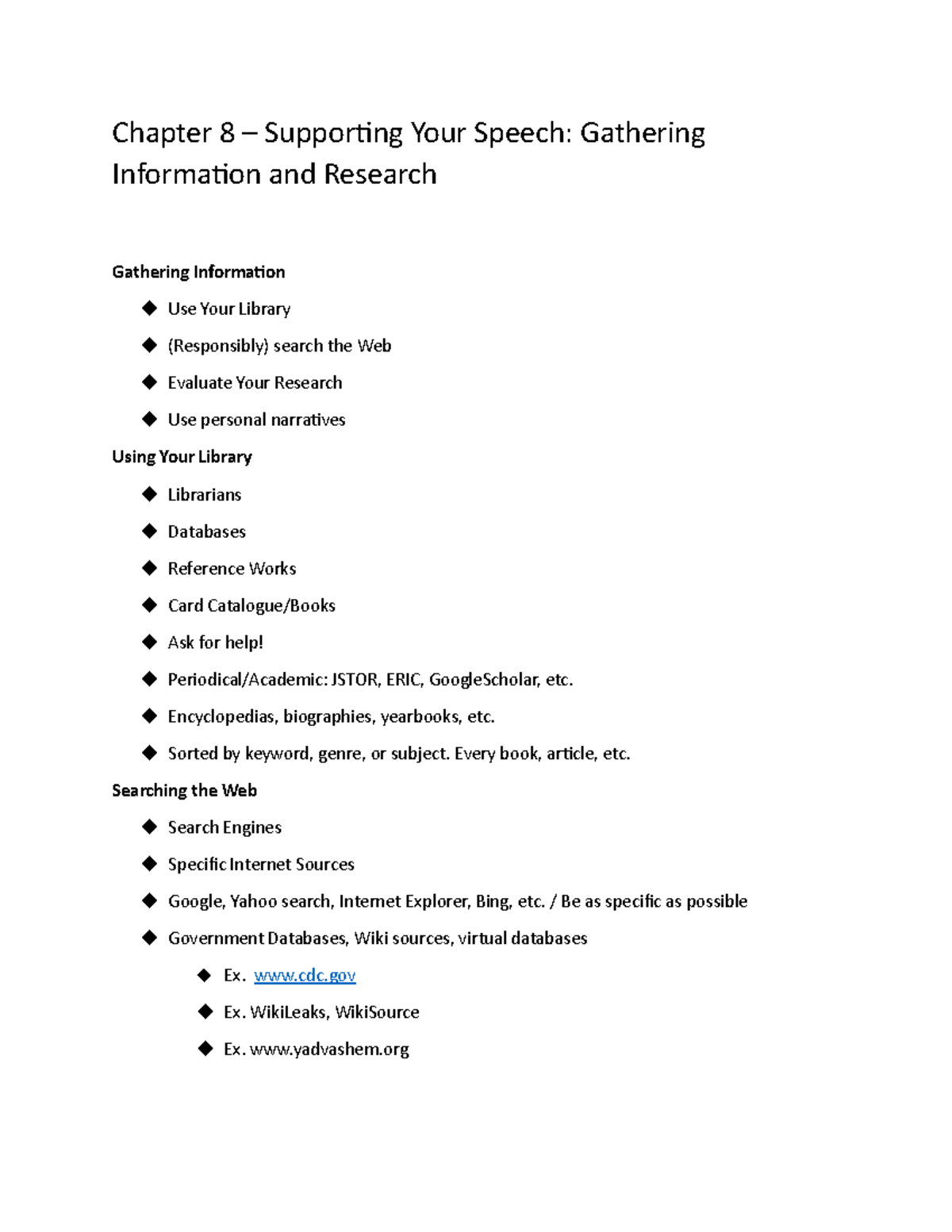Chapter 8 - Chapter 8 – Supporting Your Speech: Gathering Information ...
