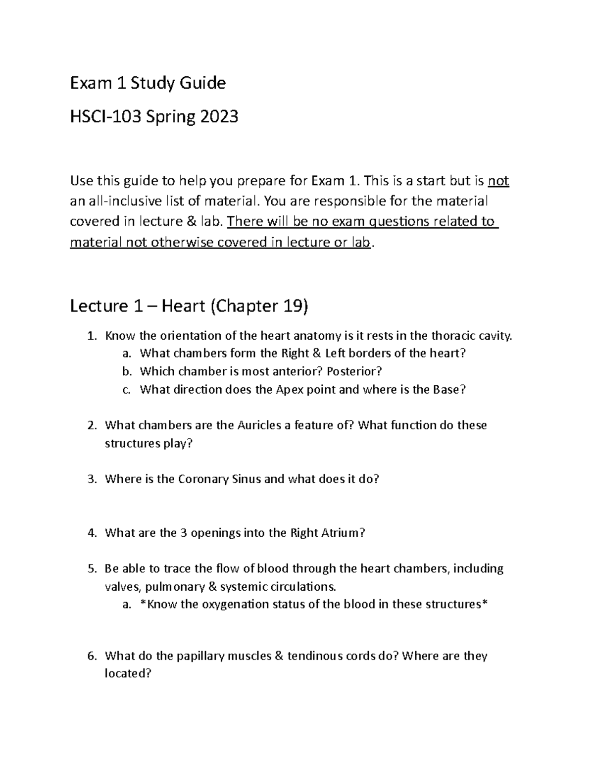 Exam 1 Study Guide - Exam 1 Study Guide HSCI-103 Spring 2023 Use this guide to help you prepare ...