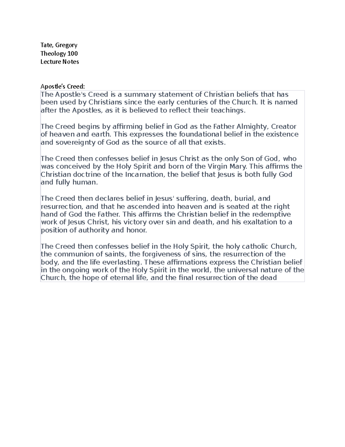 Theology 101- Apostle's Creed - Tate, Gregory Theology 100 Lecture ...