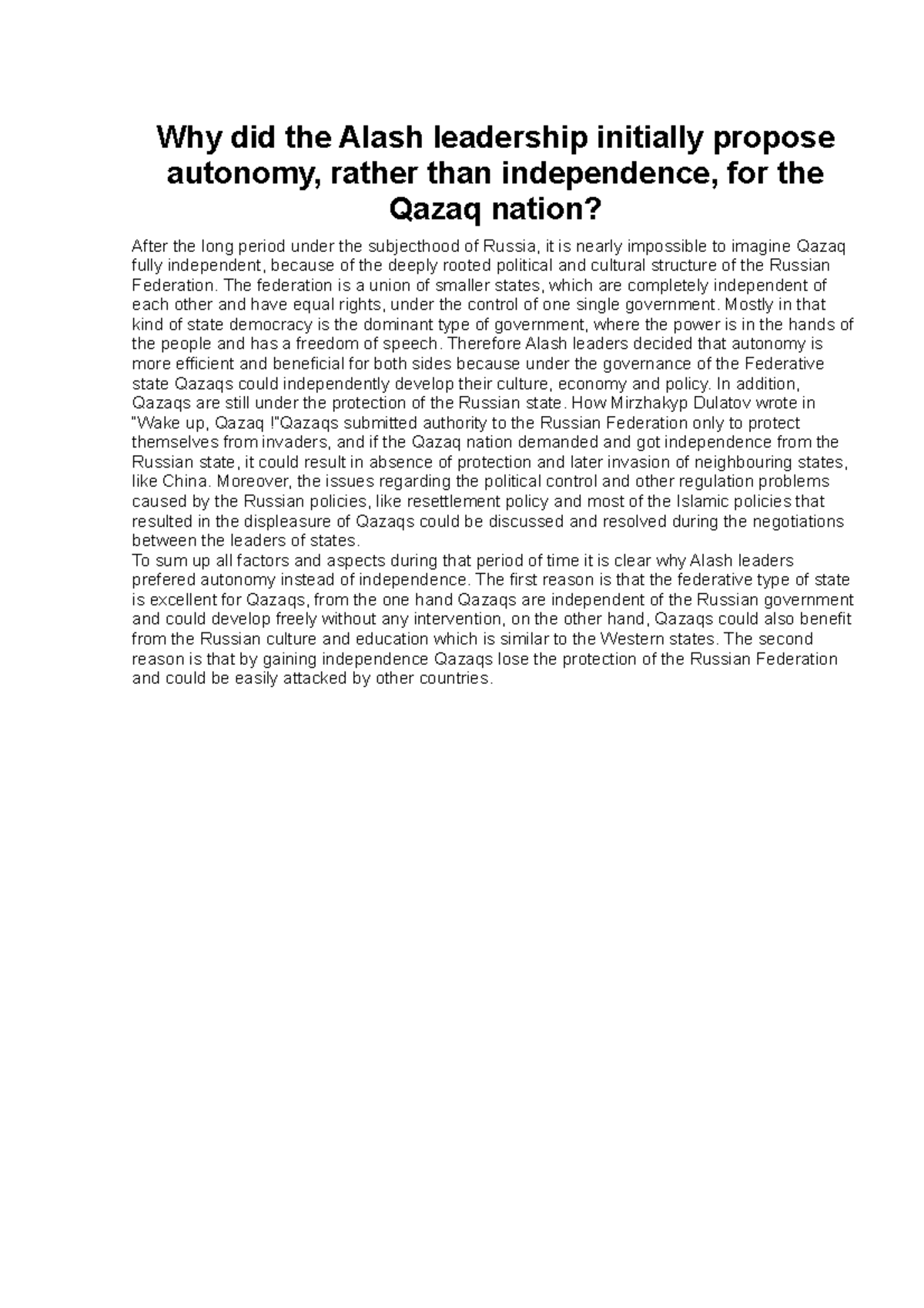 Response paper 9 - Needed - Why did the Alash leadership initially ...