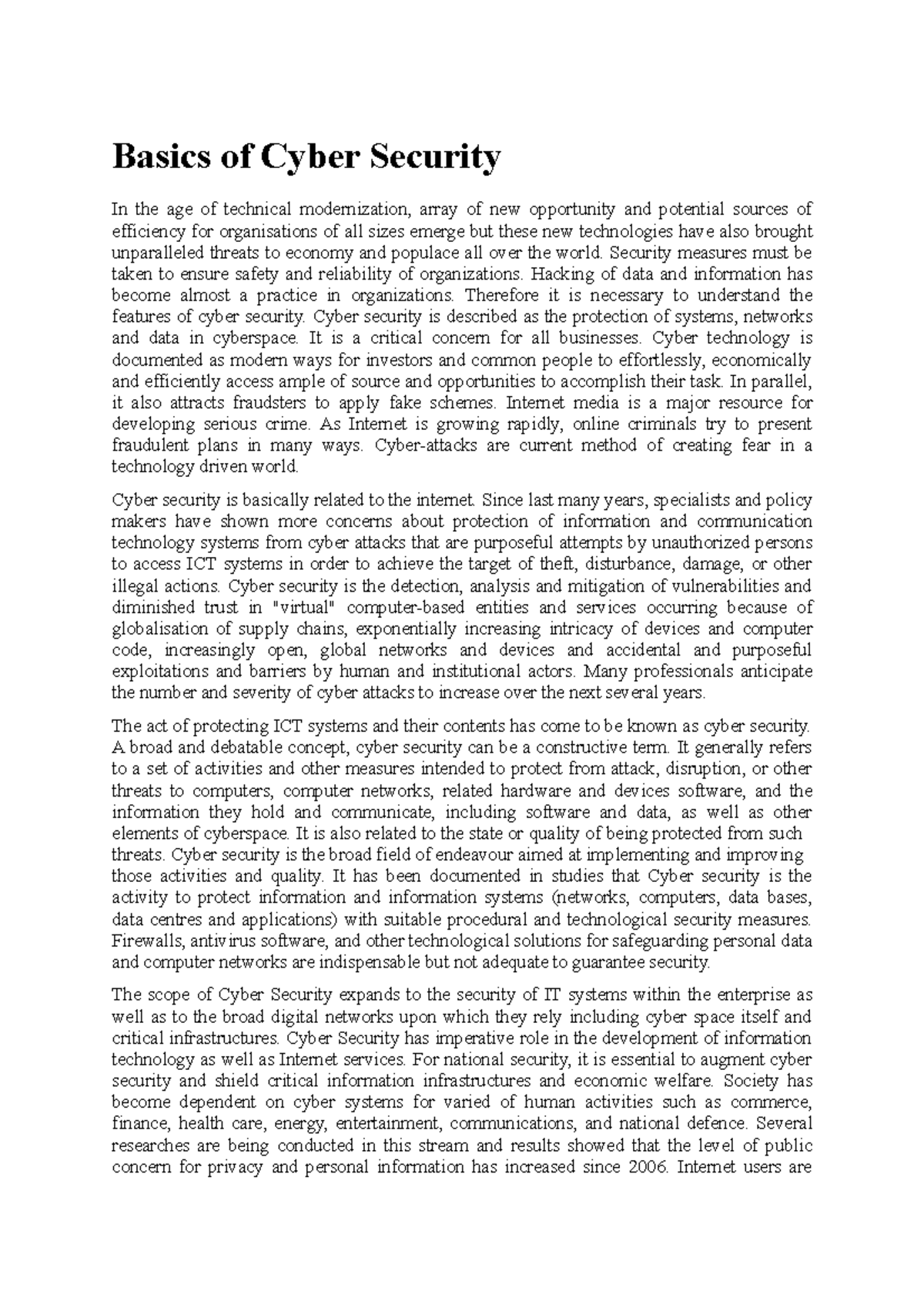 Cyber security basics - Lecture notes 1 - Basics of Cyber Security In ...