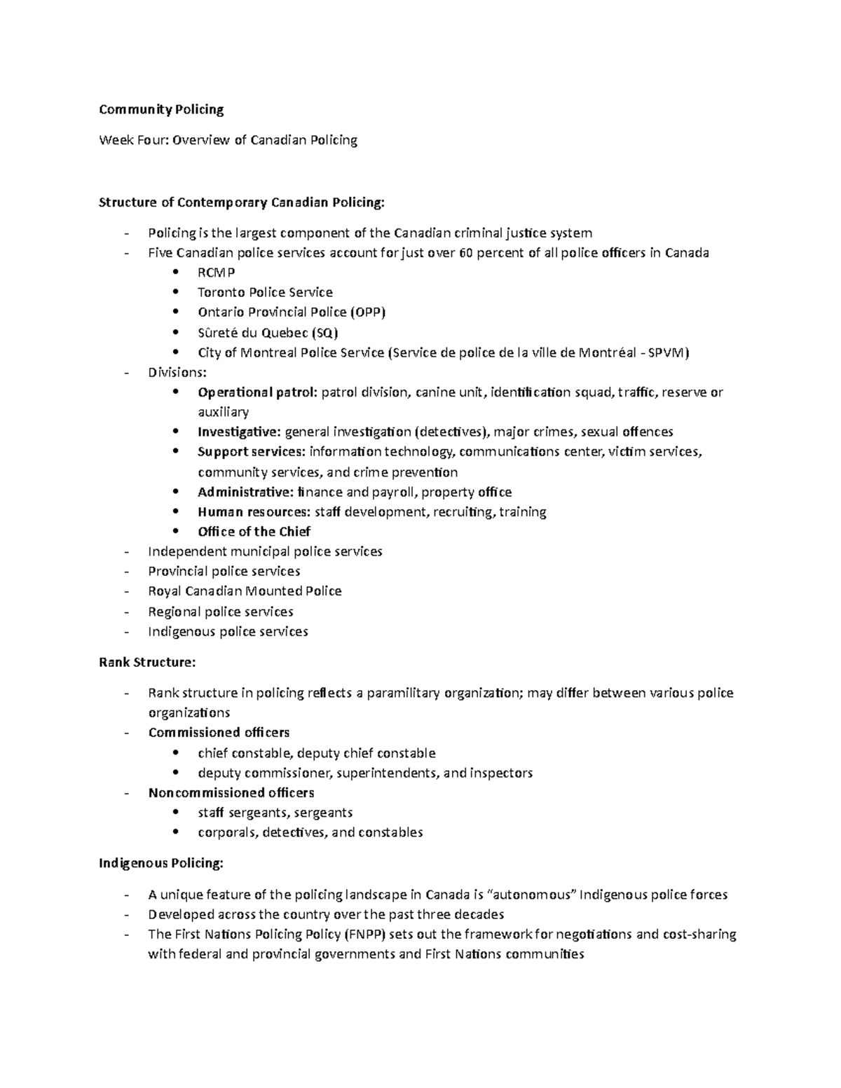 Week Four Overview of Canadian Policing - Community Policing Week Four ...