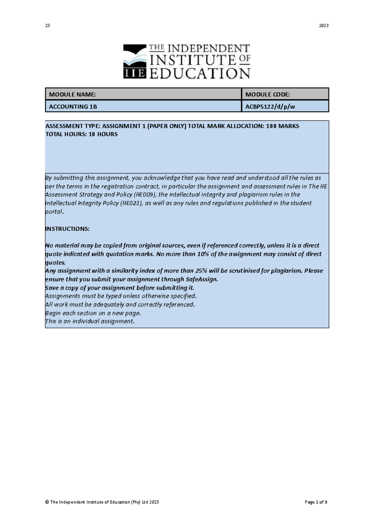 ACBP5122A1 - By submitting this assignment, you acknowledge that you ...