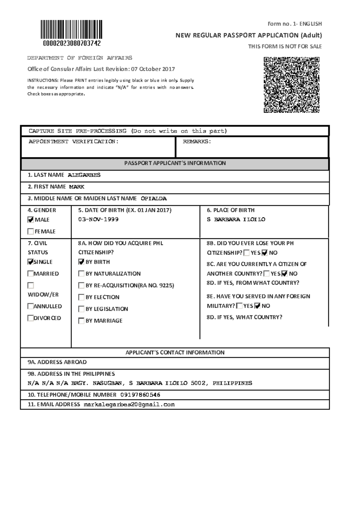 Mark - Form no. 1- ENGLISH NEW REGULAR PASSPORT APPLICATION (Adult ...