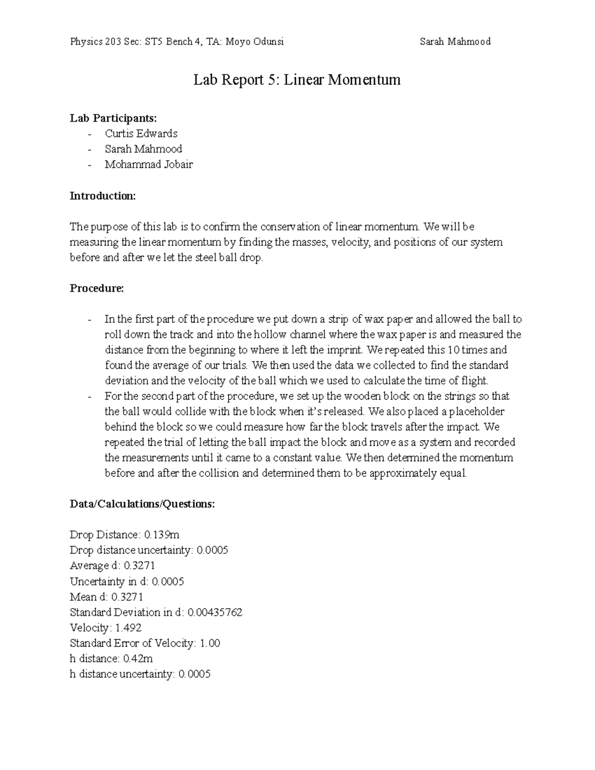 Lab Report 5 Linear Momentum - Physics 203 Sec: ST5 Bench 4, TA: Moyo ...
