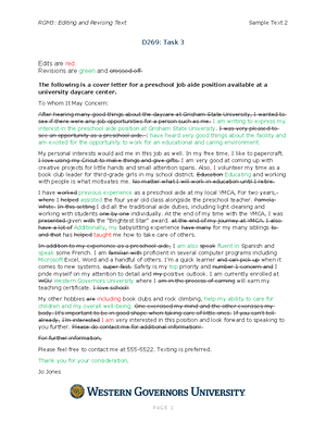 D269 Task 3 - Task 3 passed - RGM3: Editing and Revising Text Sample Text 1 A. Revise and Edit ...