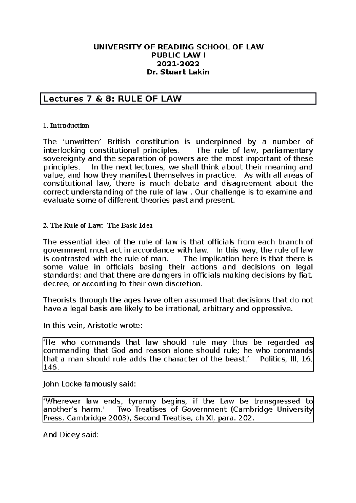 Rule of Law handout - Rule of Law - UNIVERSITY OF READING SCHOOL OF LAW ...