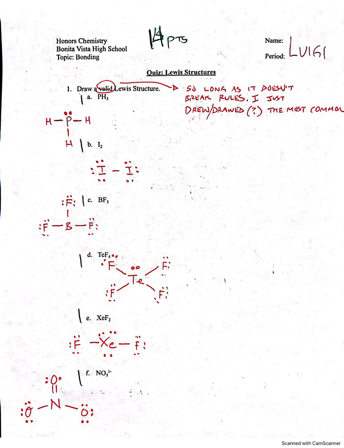 KEY 2024 Quiz Bonding - yes - Honors Chemistry 14pts Bonita Vista High ...