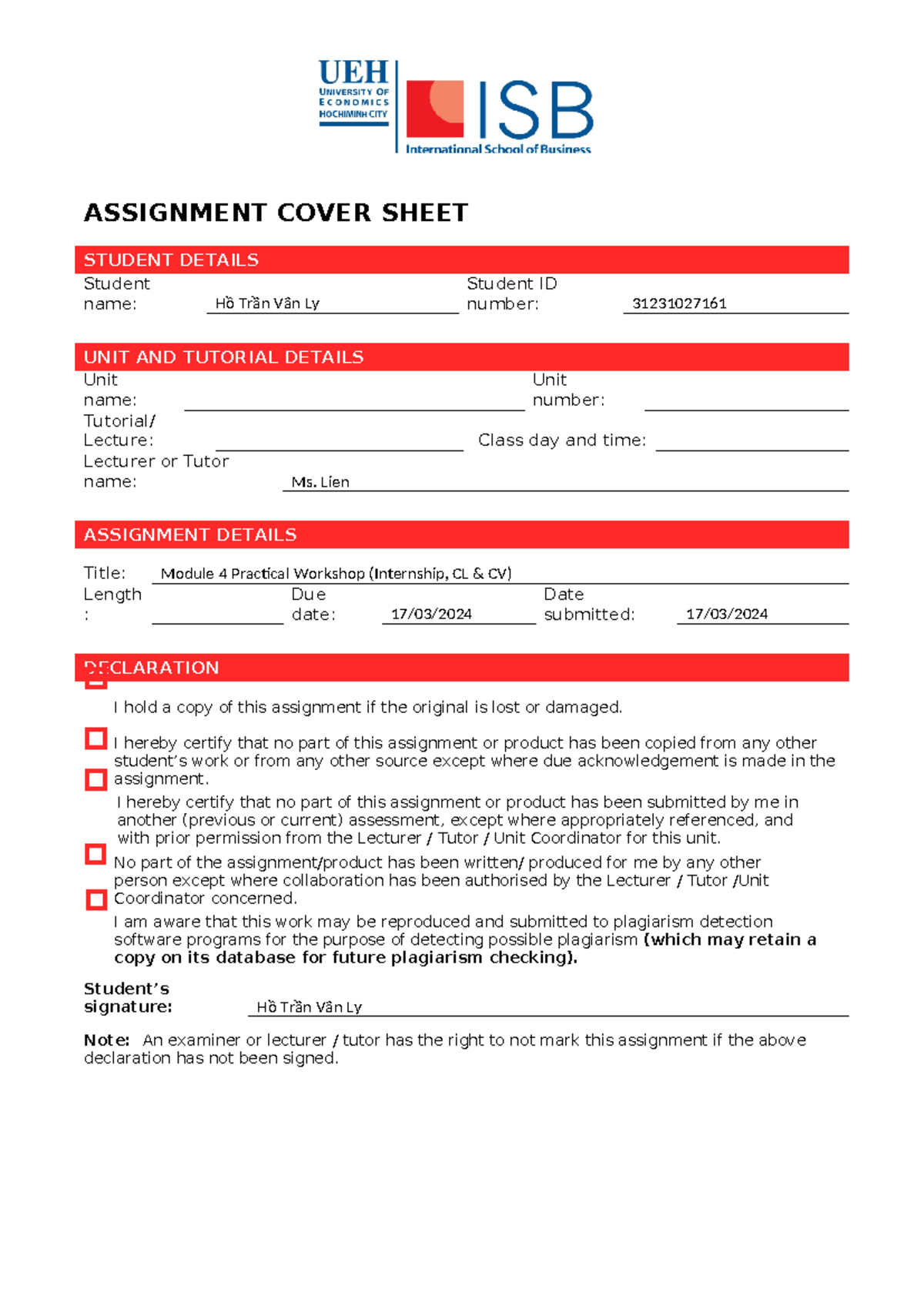 Individual Assignment Cover Sheet ISB (1) - ASSIGNMENT COVER SHEET ...