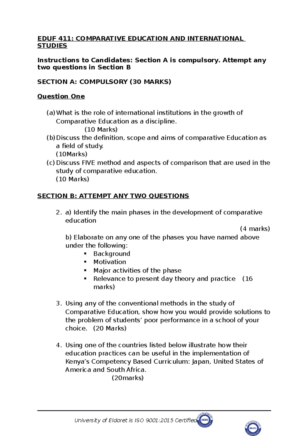 Comparative education. marking guide - EDUF 411: COMPARATIVE EDUCATION ...