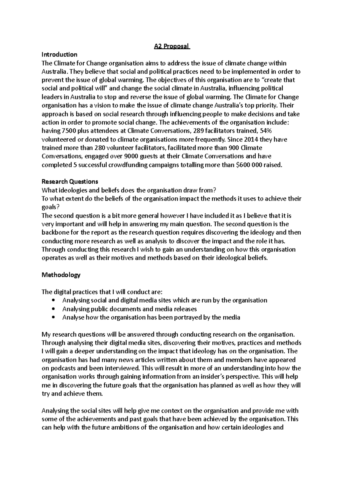 A2 Proposal - A2 Proposal Introduction The Climate for Change organisation aims to address the ...