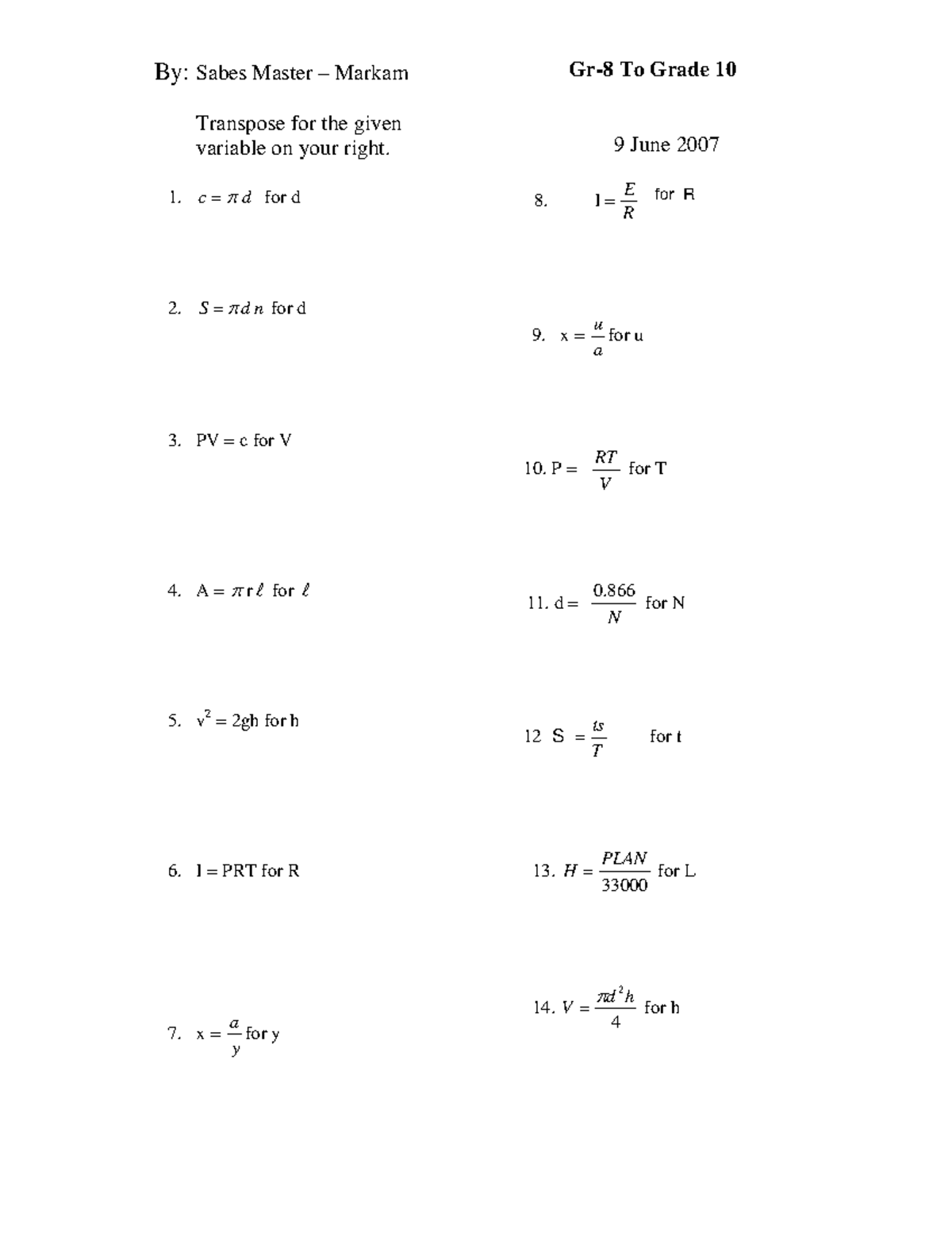 Algebra Transpose Variables Gr 8 To Grade 10 By Sabes Master Markam Transpose For The Given