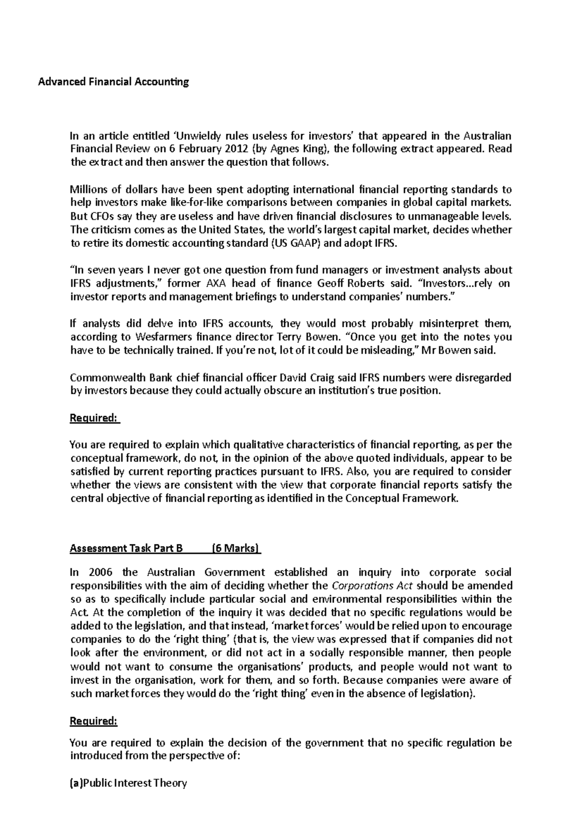 Advance Financial Accounting 1 - Read the extract and then answer the ...