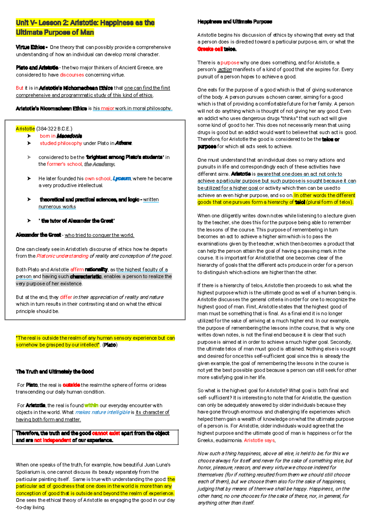 Unit V-Lesson 2&3 - ... - Unit V- Lesson 2: Aristotle: Happiness as the ...