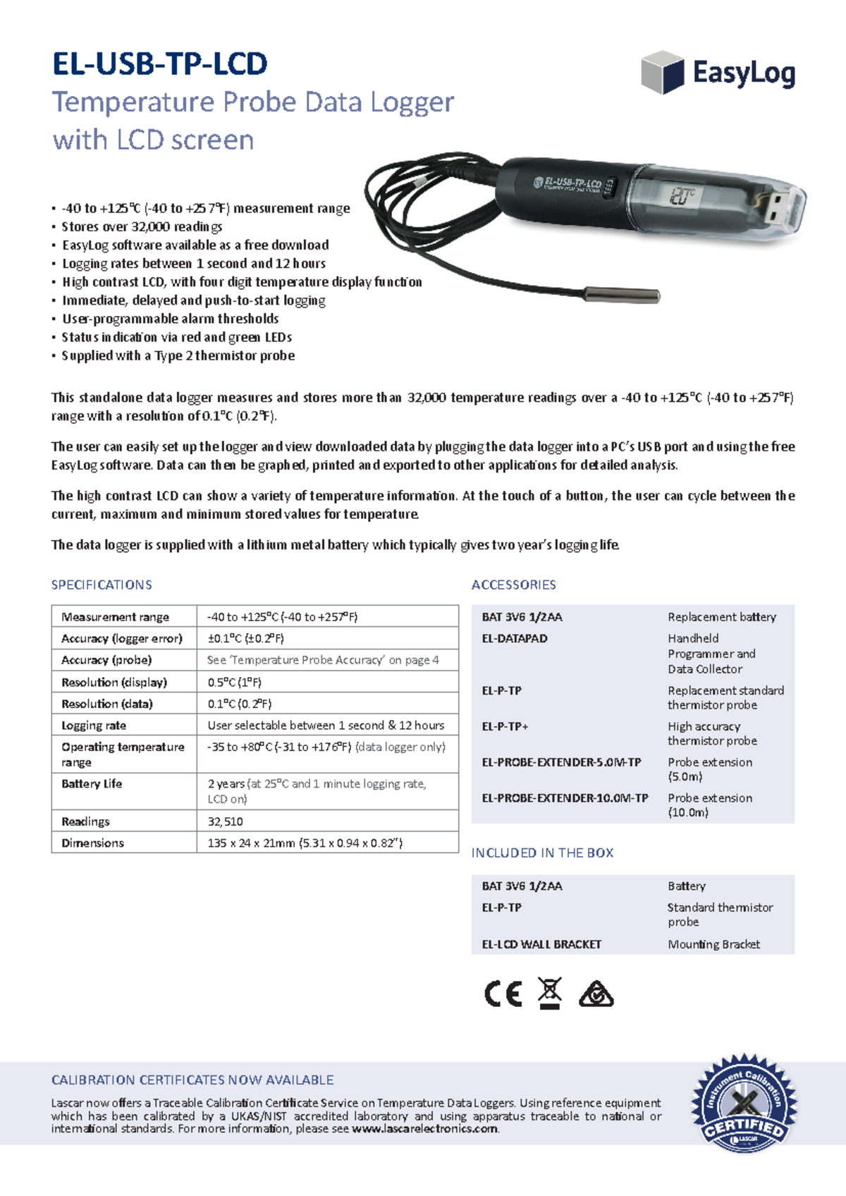 Data Sheet - EL-USB-TP-LCD - Temperature Probe Data Logger with LCD screen This standalone data ...
