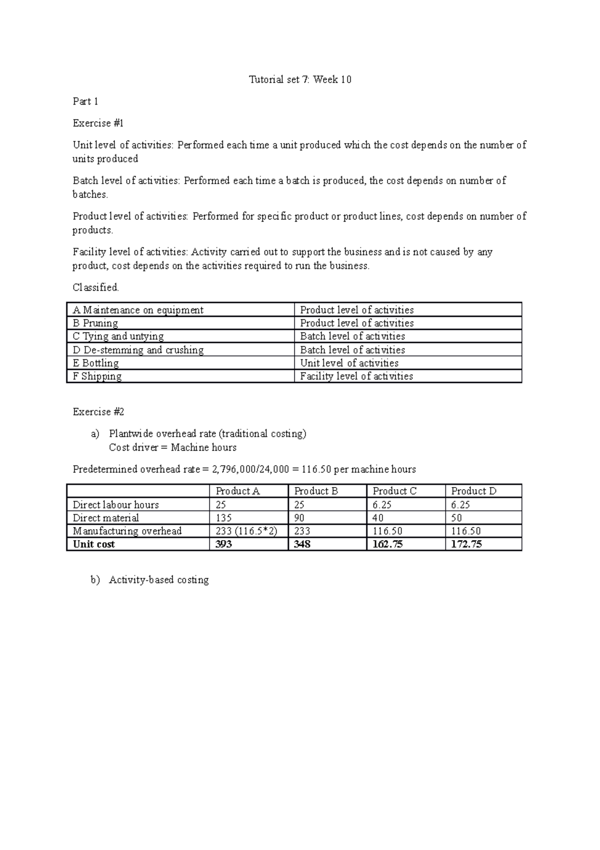 Tutorial set 7 week 10 - Tutorial set 7: Week 10 Part 1 Exercise # Unit level of activities ...