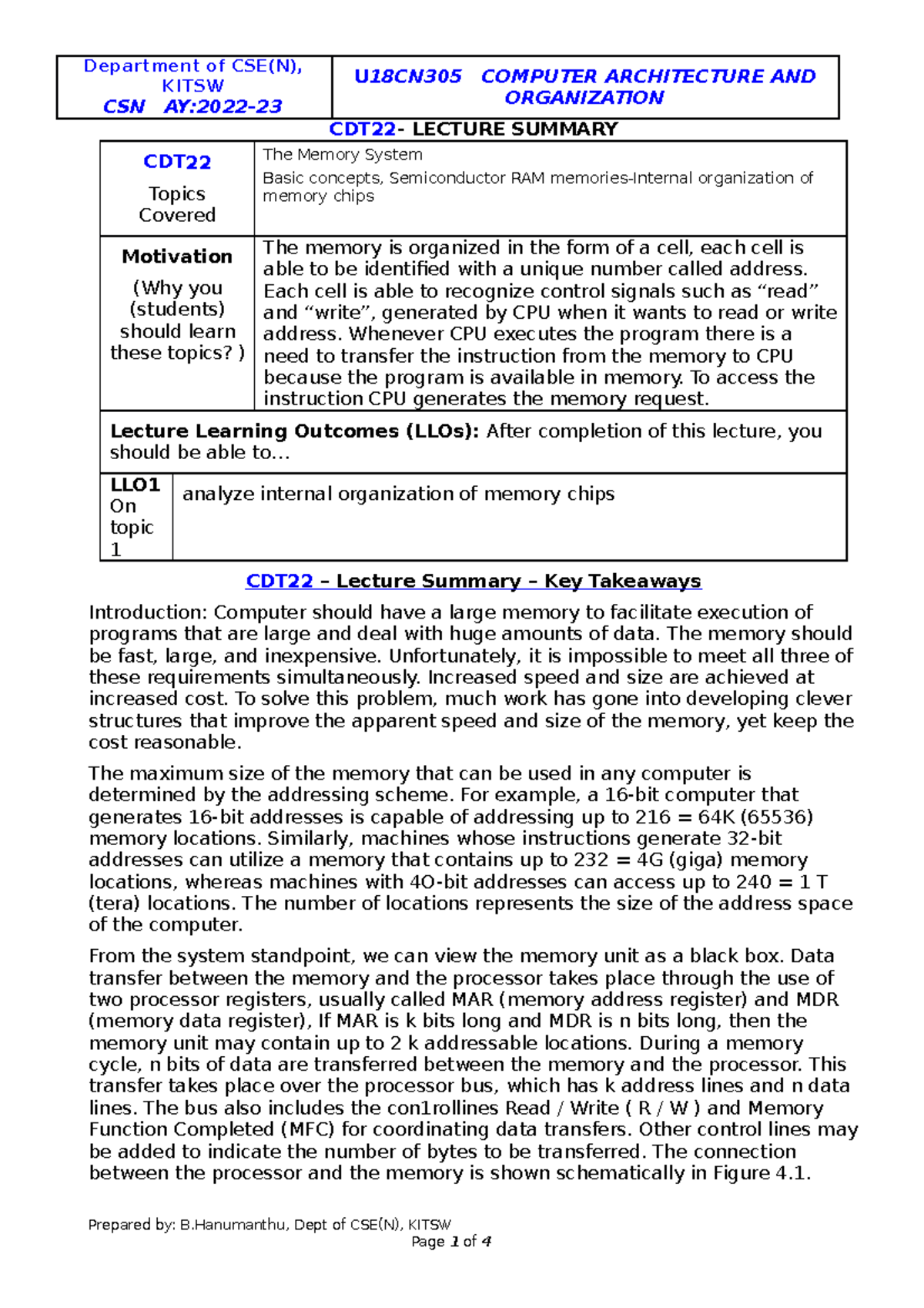 The memory system - KITSW CSN AY:2022- U18CN305 COMPUTER ARCHITECTURE AND ORGANIZATION CDT22 ...