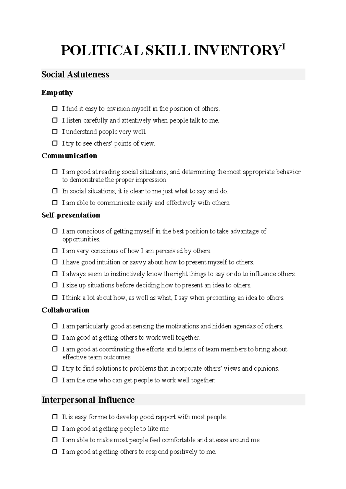 Political Skill Inventory - POLITICAL SKILL INVENTORY I Social ...