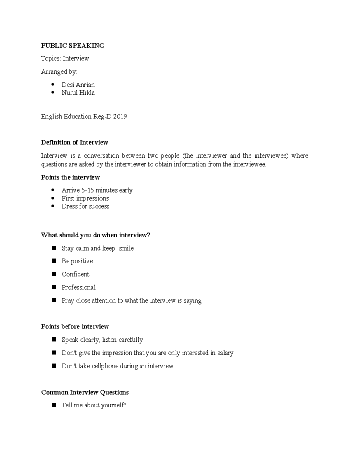 Public Speaking_Interview - PUBLIC SPEAKING Topics: Interview Arranged ...