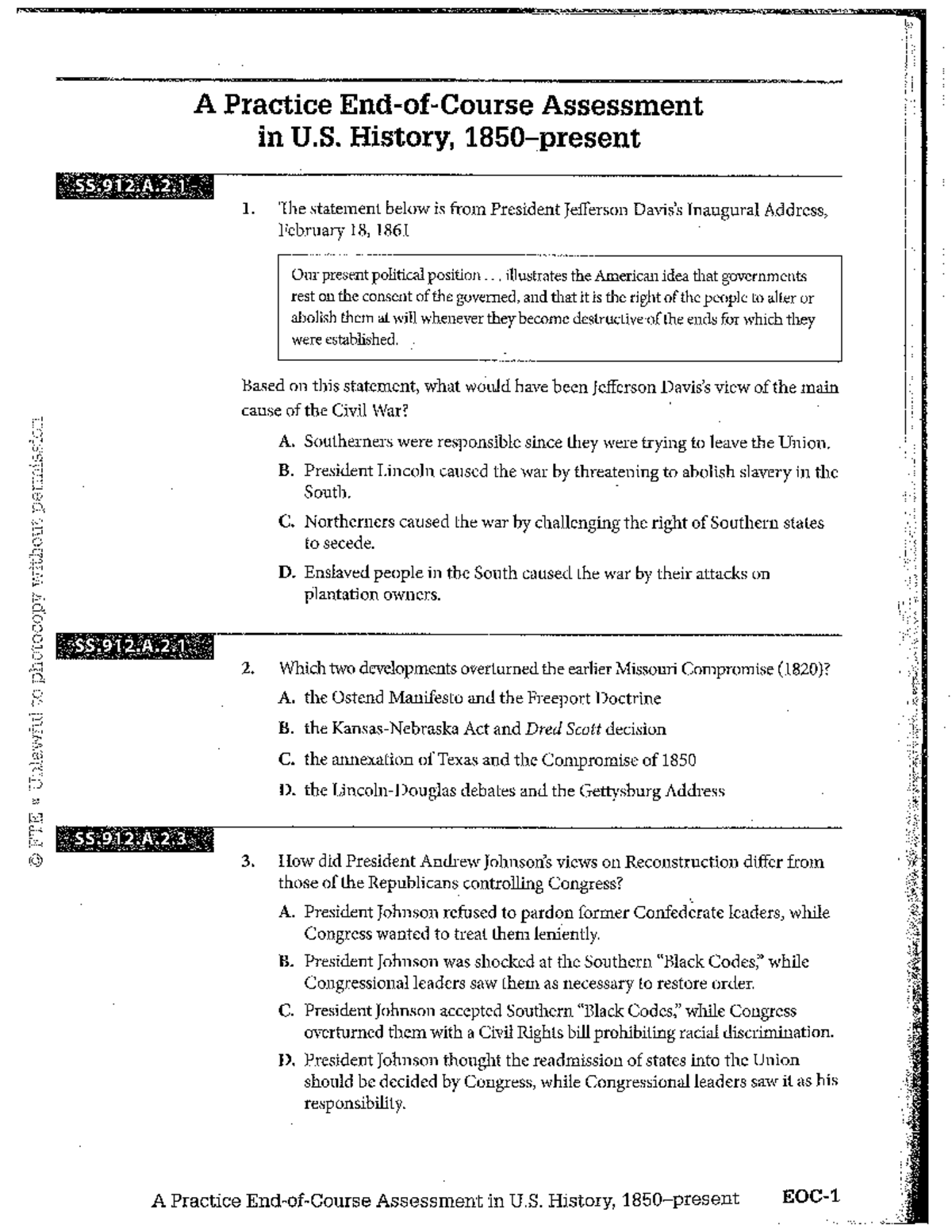 U.S. Hsitory Sample (EOC) Practice Exam 2024 - A Practice Assessment in ...