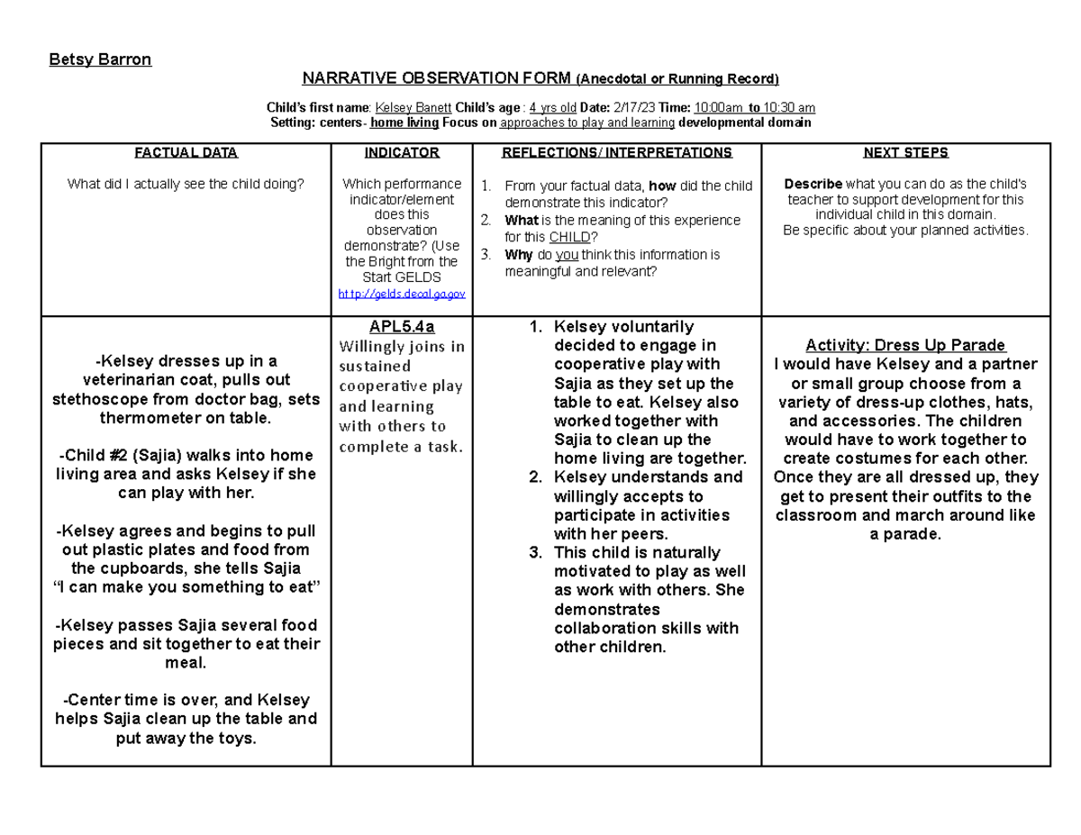 Narrative Observation Form - Betsy Barron NARRATIVE OBSERVATION FORM ...