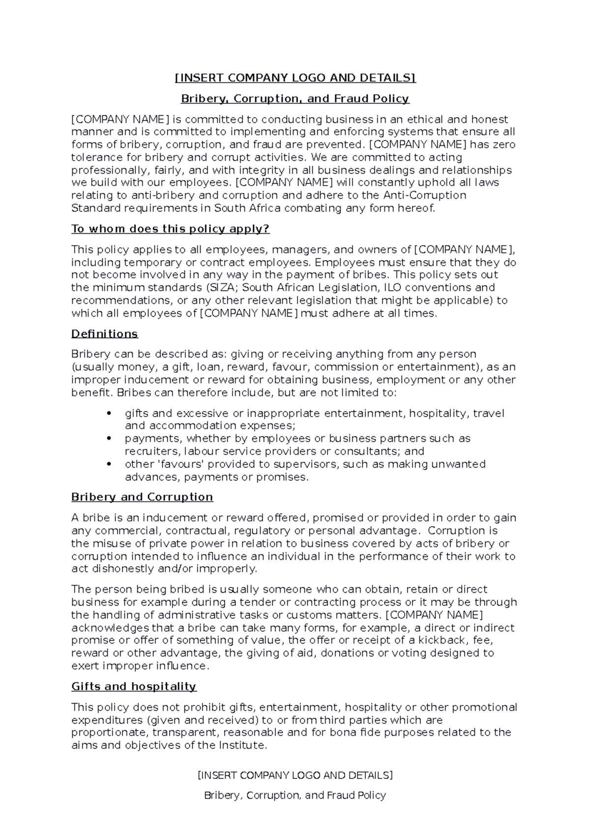 Bribery and Corruption Policy Template - [INSERT COMPANY LOGO AND ...