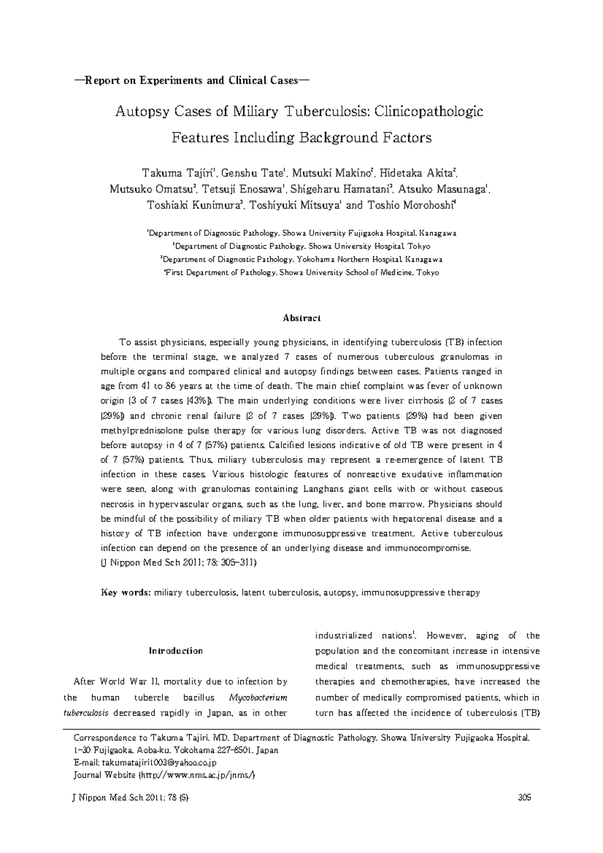 Autopsy Cases of Miliary Tuberculosis Clinicopatho - Patología ...