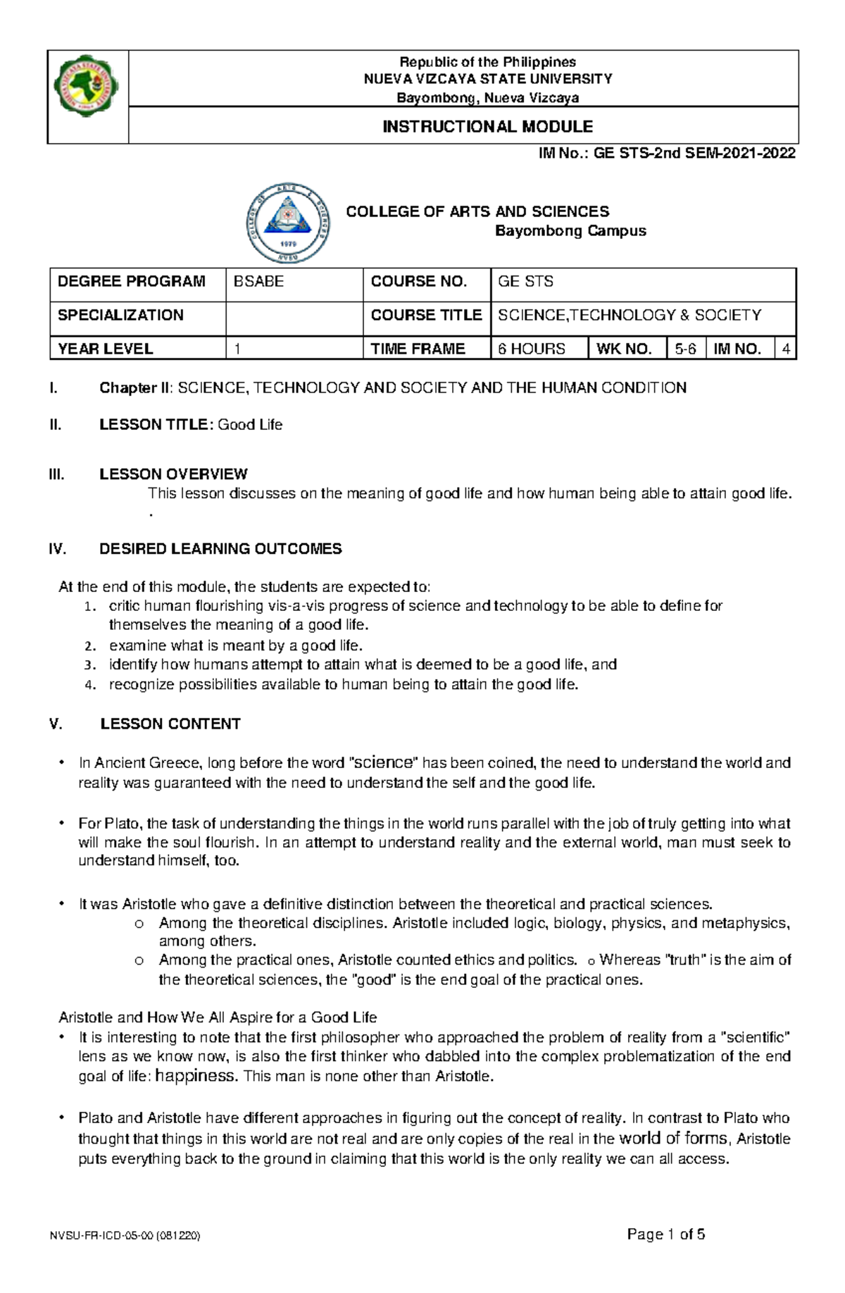 STS module 4 Good Life - Lecture notes - IM No.: GE STS-2nd SEM-2021 ...
