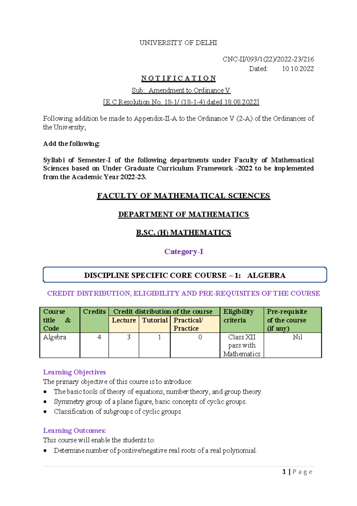 1. UGCF2022Maths First Semester Syllabus-pages-1-6 - UNIVERSITY OF DELHI CNC-II/093/1(22)/2022 ...