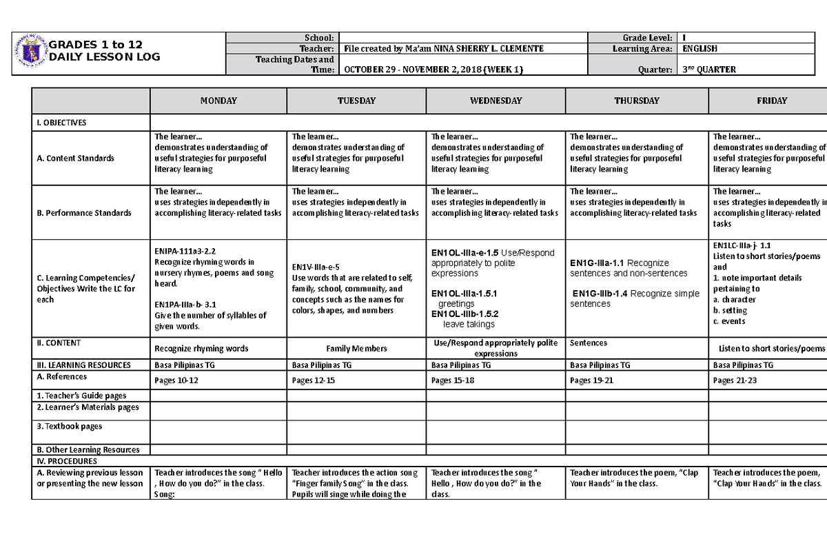 DLL English 1 Q3 W1 - EXAMPLE - GRADES 1 to 12 DAILY LESSON LOG School ...