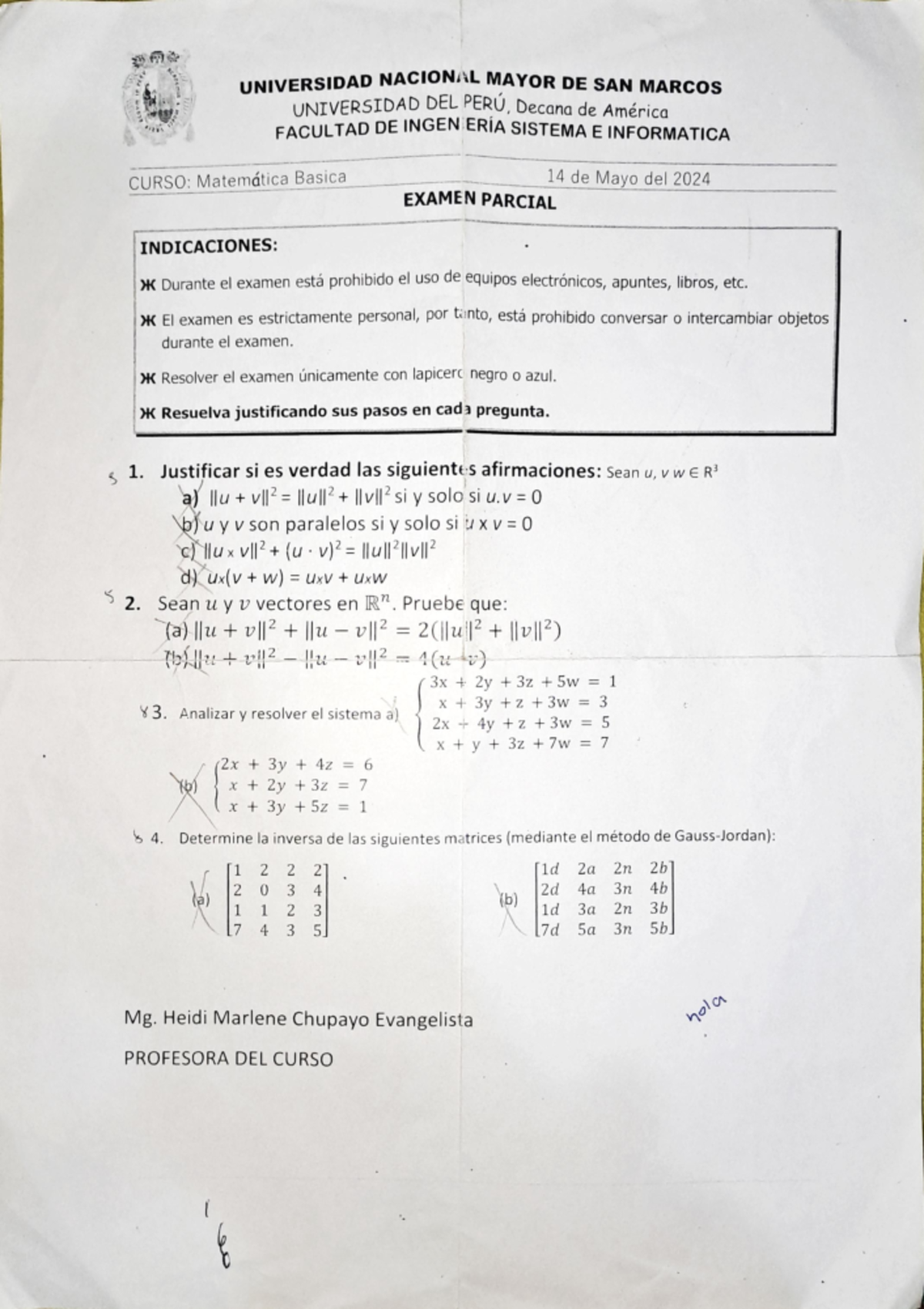 Examen parcial matemática básica - profesora Heidi chupayo - UNIVERSIDAD NACIONAL MAYOR DE SAN ...