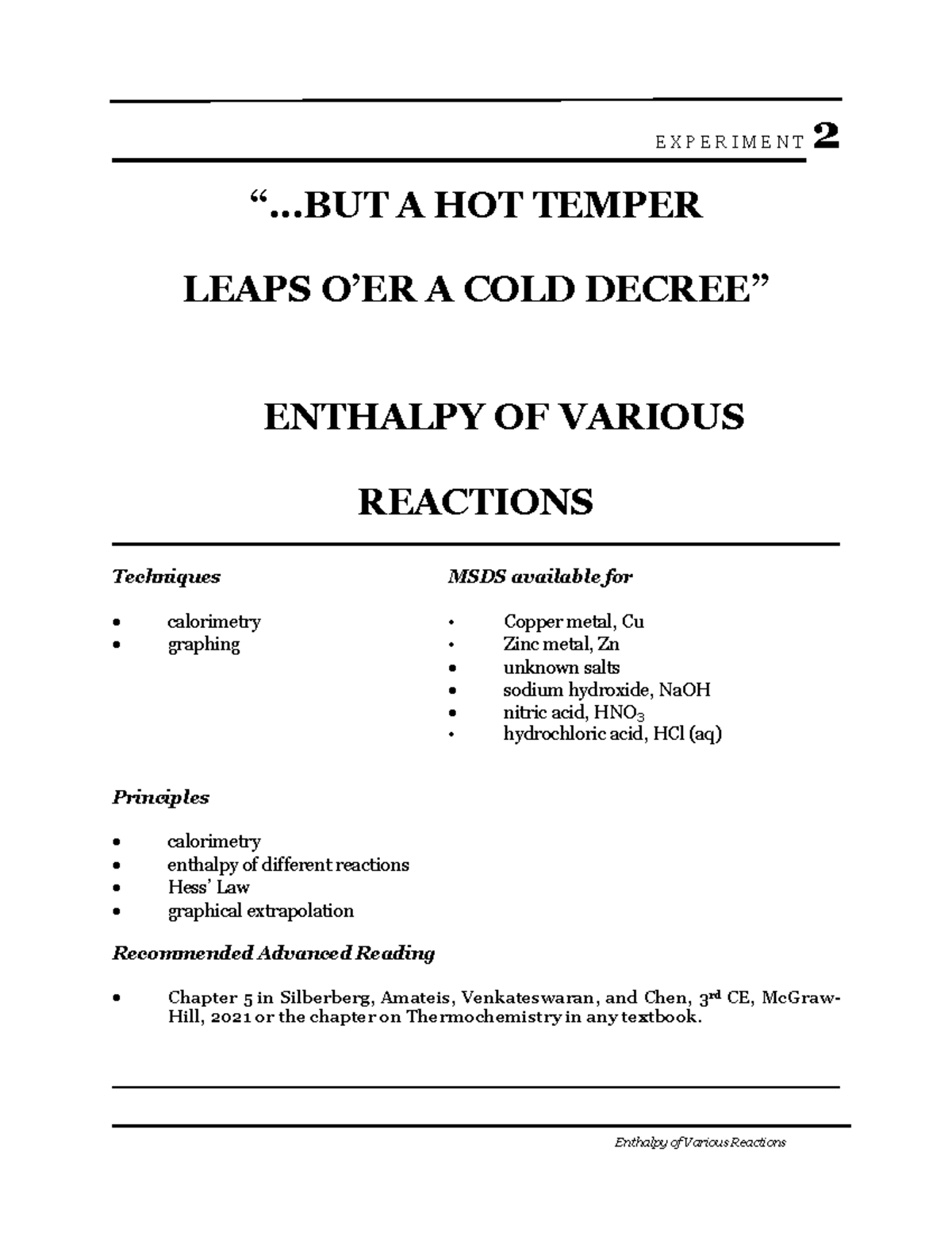 Lab 2 - Procedure and Theory - Enthalpy of Various Reactions E X P E R ...