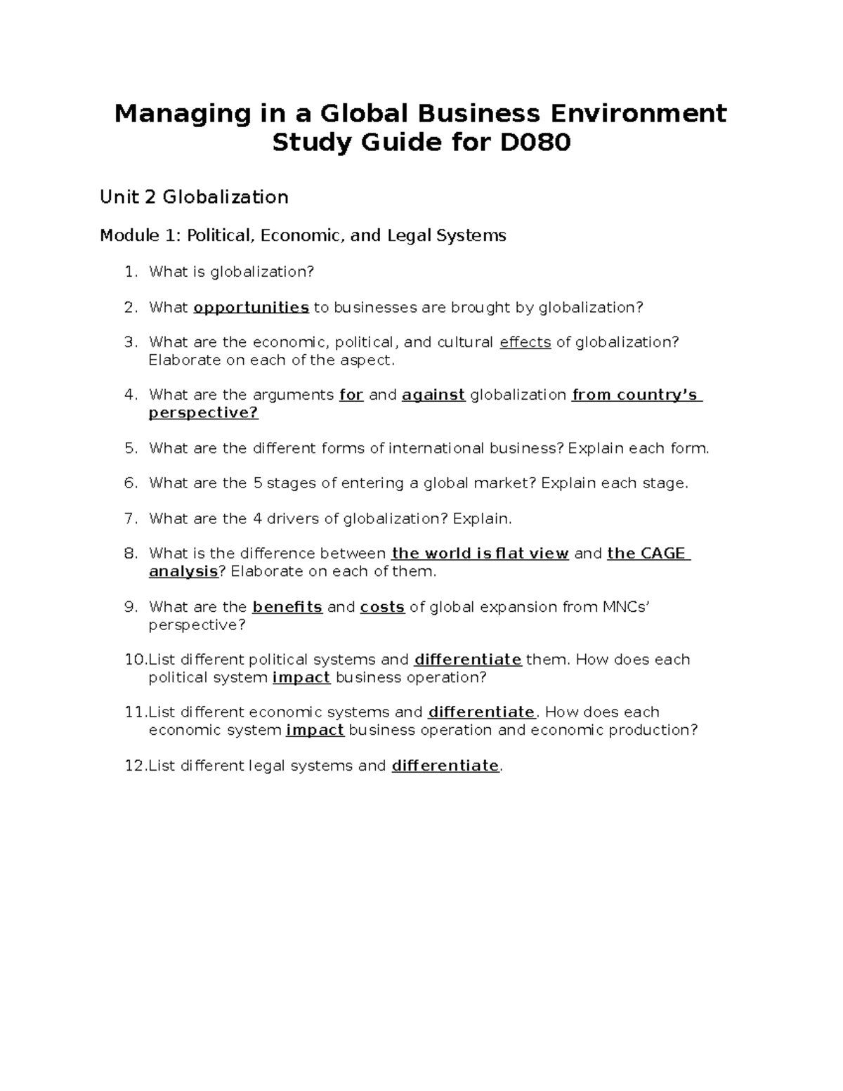 D080 Study Guide - Managing in a Global Business Environment Study ...