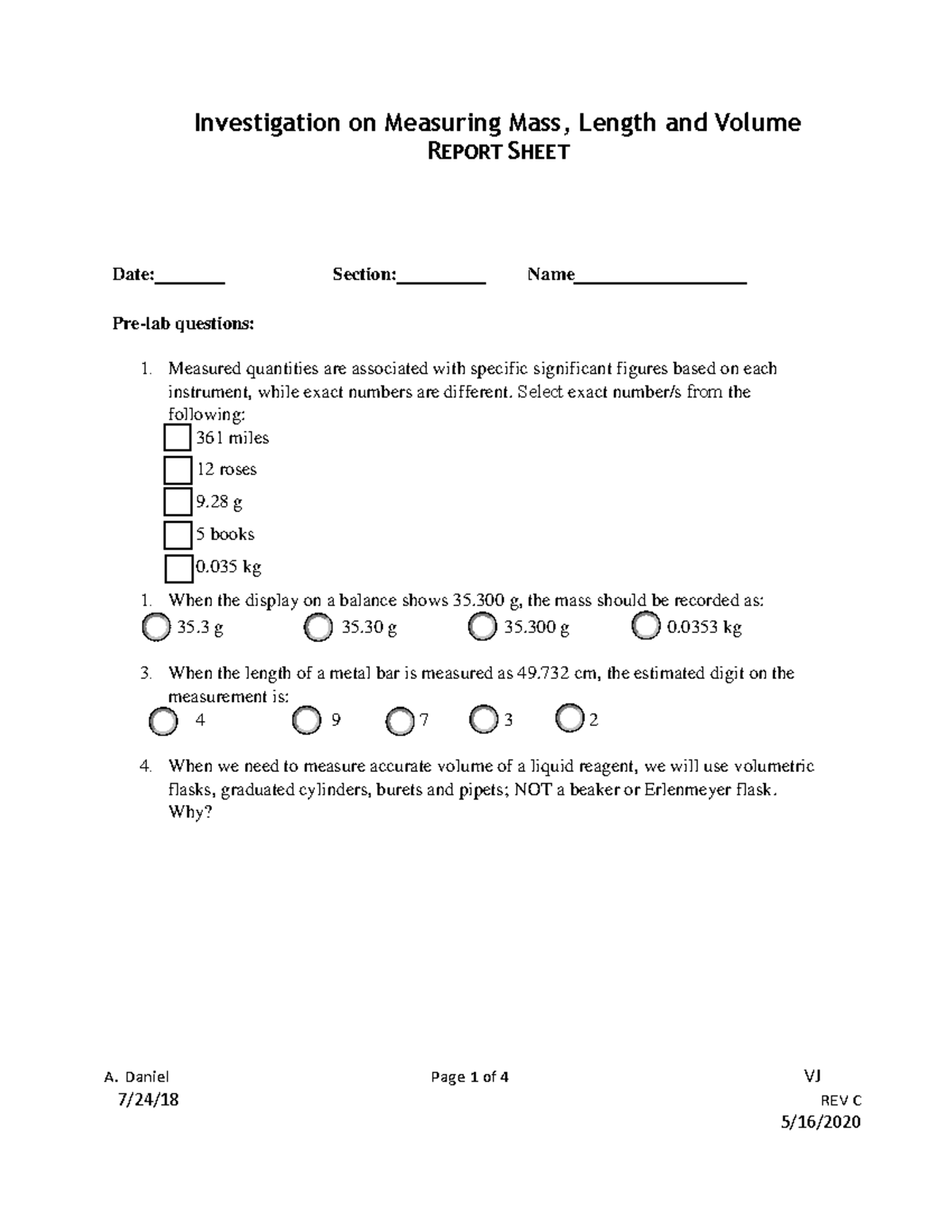 Drylab Measurement Report Sheet - A. Daniel Page 1 of 4 VJ 7/24/18 REV ...