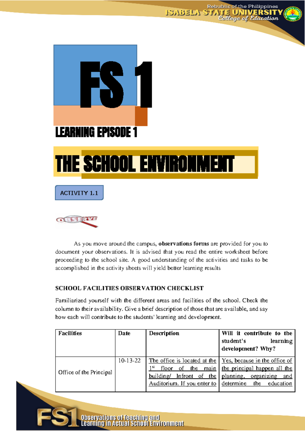 Field Study 1 & 2 Final JOHN Lester - FS 1 LEARNING EPISODE 1 THE ...