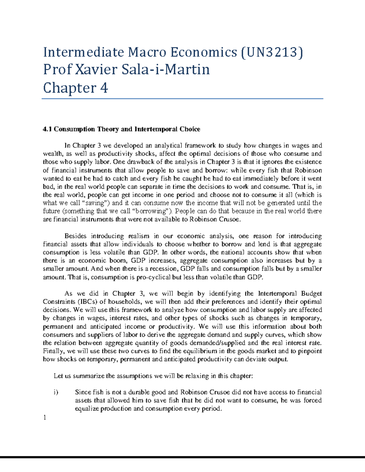 Chapter 4 Intertemporal - Intermediate Macro Economics (UN3213) Prof ...