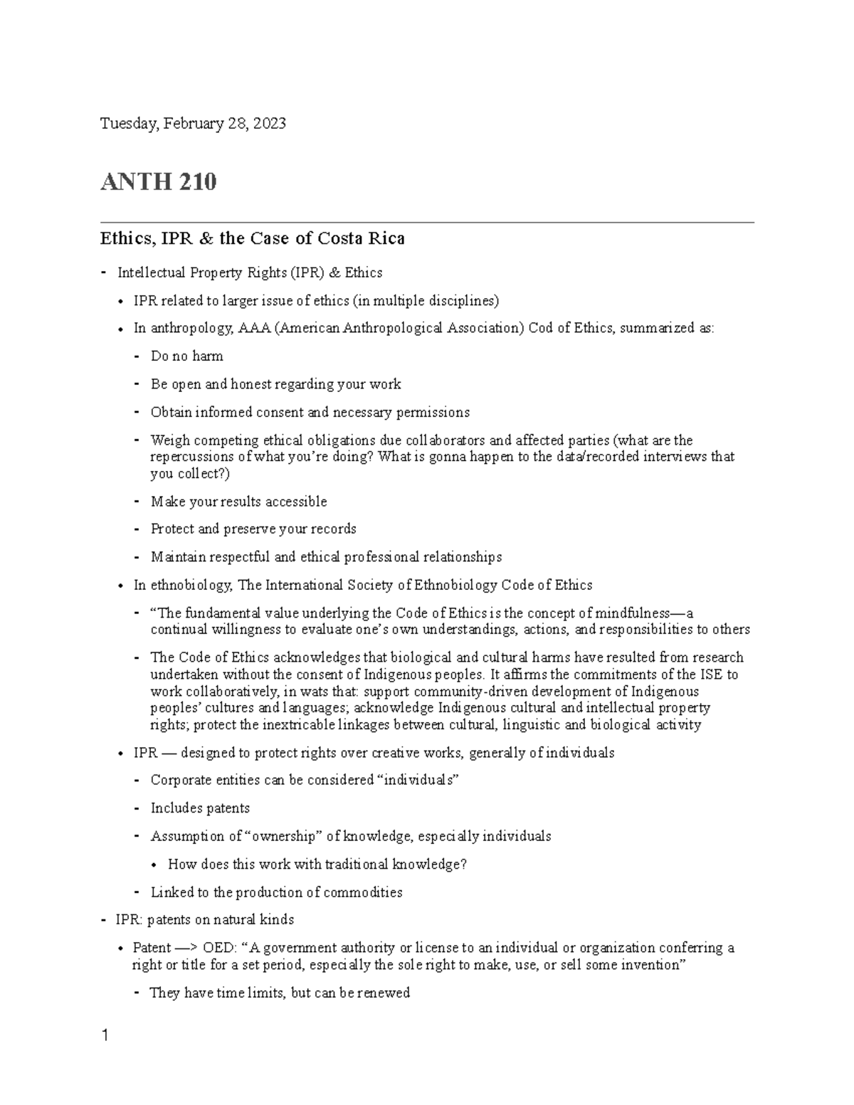 Ethics, IPR, and the case of Costa Rica - Tuesday, February 28, 2023 ANTH 210 Ethics, IPR & the ...