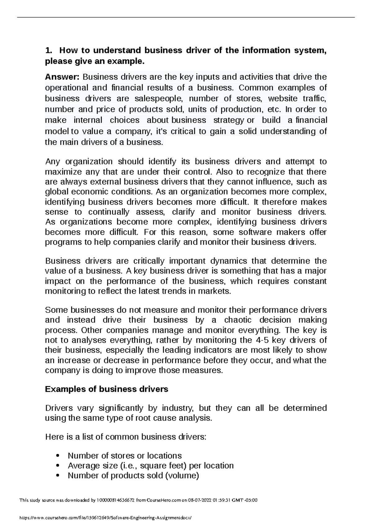 Software Engineering Assignment - 1. How to understand business driver ...