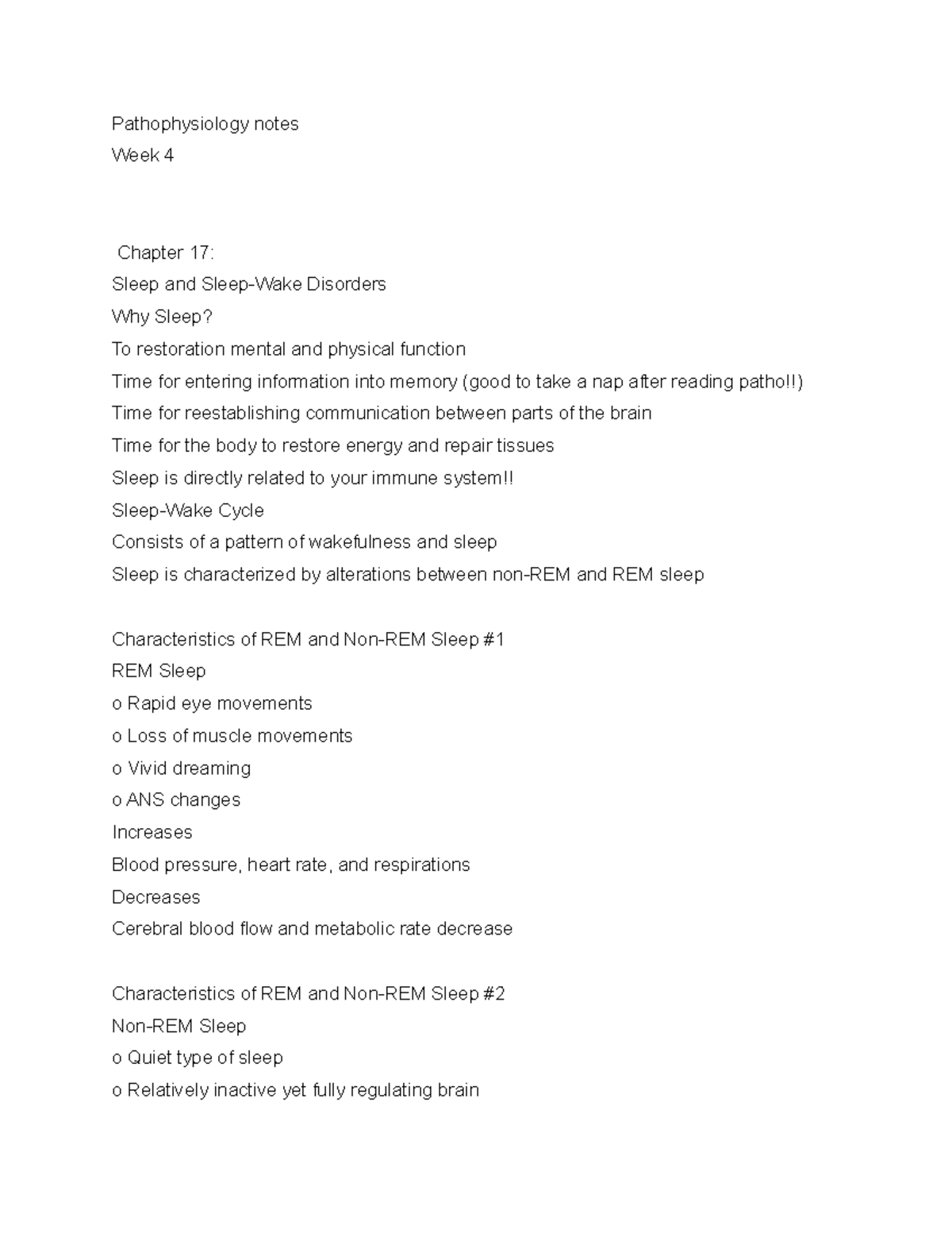 Pathophysiology Notes - Pathophysiology notes Week 4 Chapter 17: Sleep ...