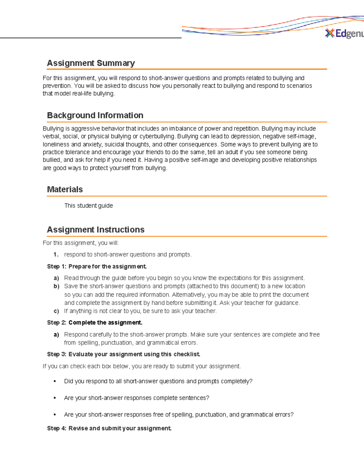 Project Bullying Prevention student guide - y Assignment Summary For ...