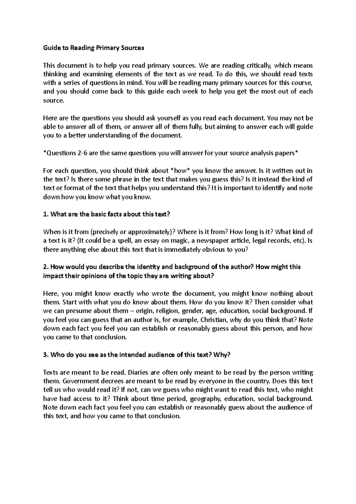 Guide to Reading Primary Sources - We are reading critically, which ...