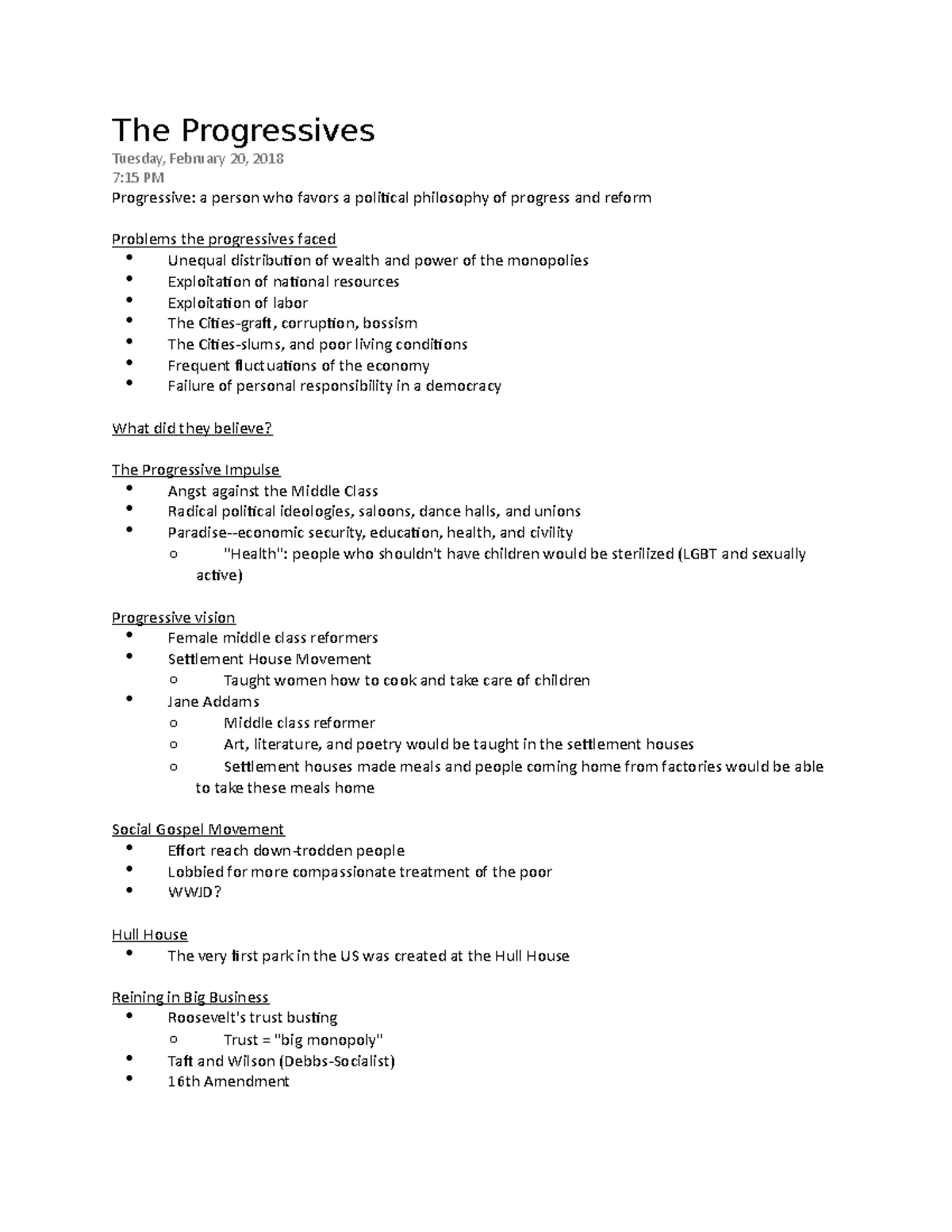 The Progressives - Lecture notes 5 - The Progressives Tuesday, February ...