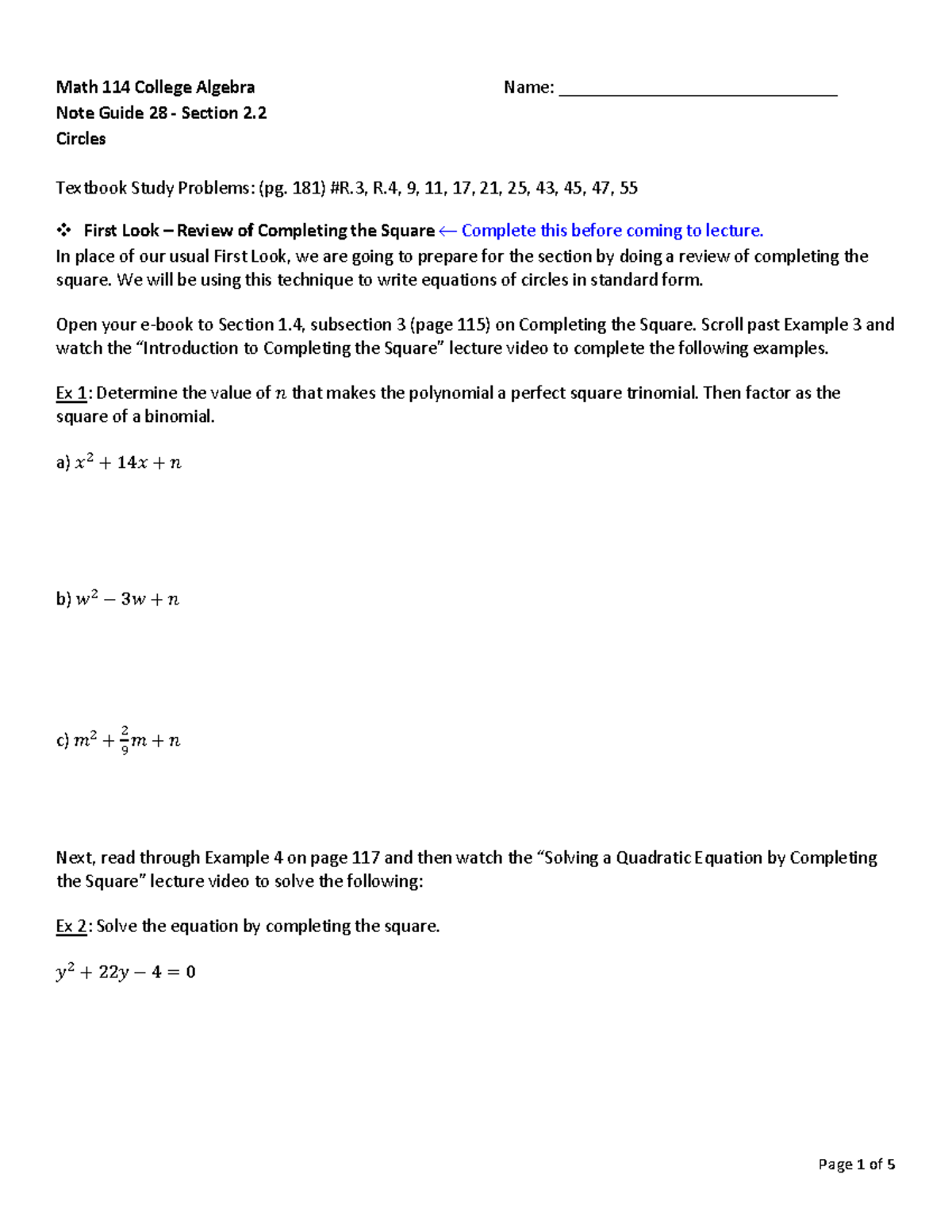 Circles Lecture Math 114 College Algebra Name